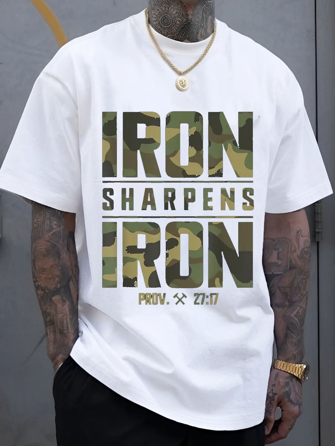 SALQGBUW Men's "IRON SHARPENS IRON" Graphic T-Shirt – Oversized 100% Cotton Tee with Proverbs 27 ...
