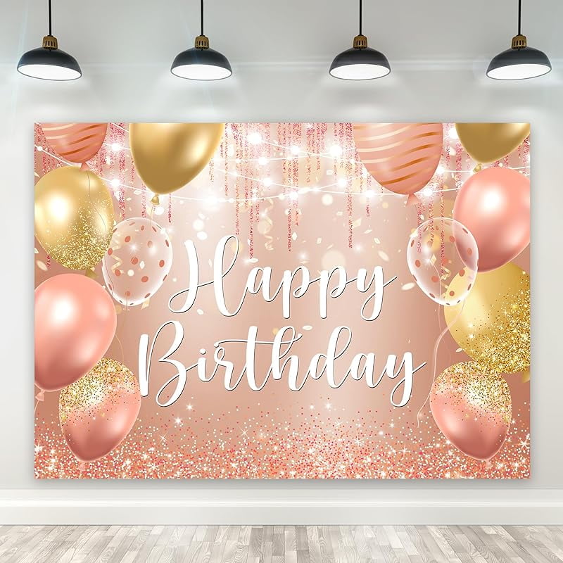 SALQGBUW Pink Purple Gold Golden Happy Birthday Backdrop Balloon ...