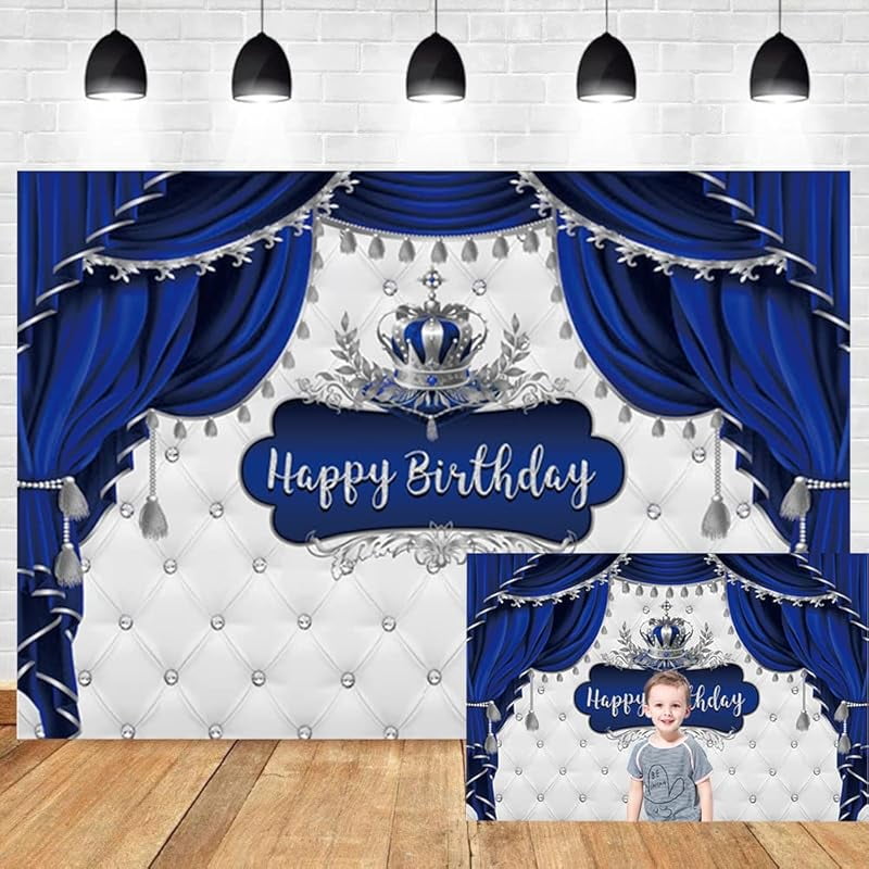 SALQGBUW Royal Prince Birthday Backdrop Royal Blue and Silver Happy ...