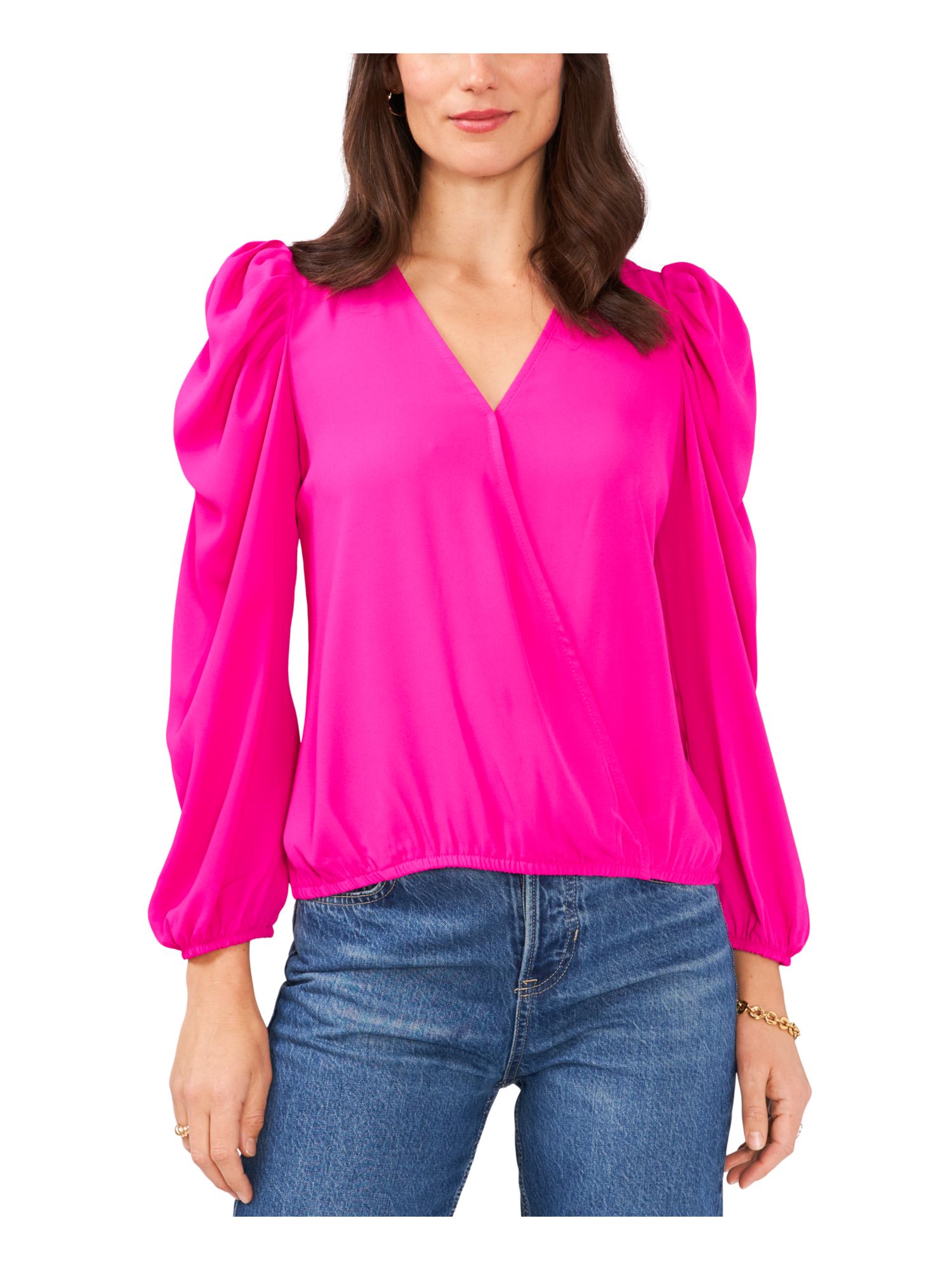 SAM AND JESS Womens Pink Pouf Sleeve Surplice Neckline Wear To Work Top ...