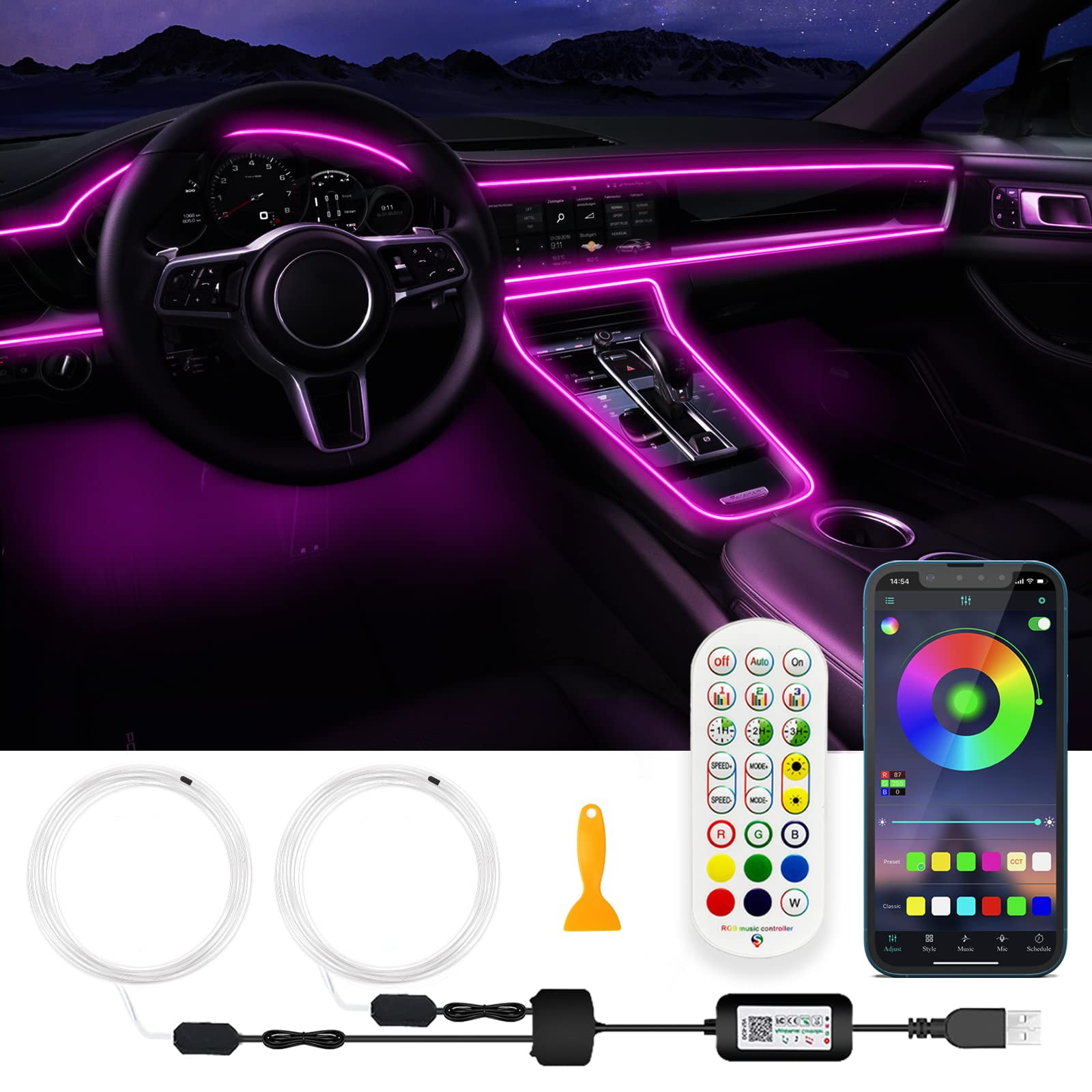SAMGCHI USB Car LED Lights, Interior Car Lights Strip with APP and RF ...
