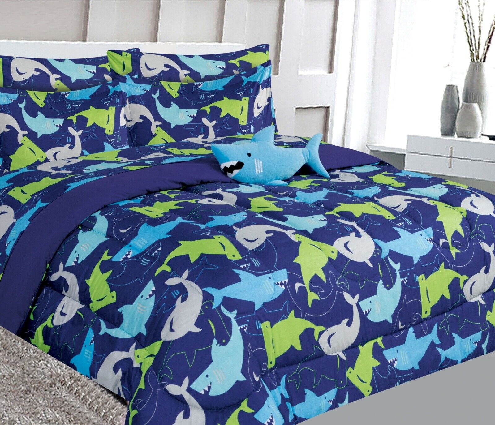 Walmart 6-PC Twin Shark Blue Bed-in-Bag Set with Furry Friend ...