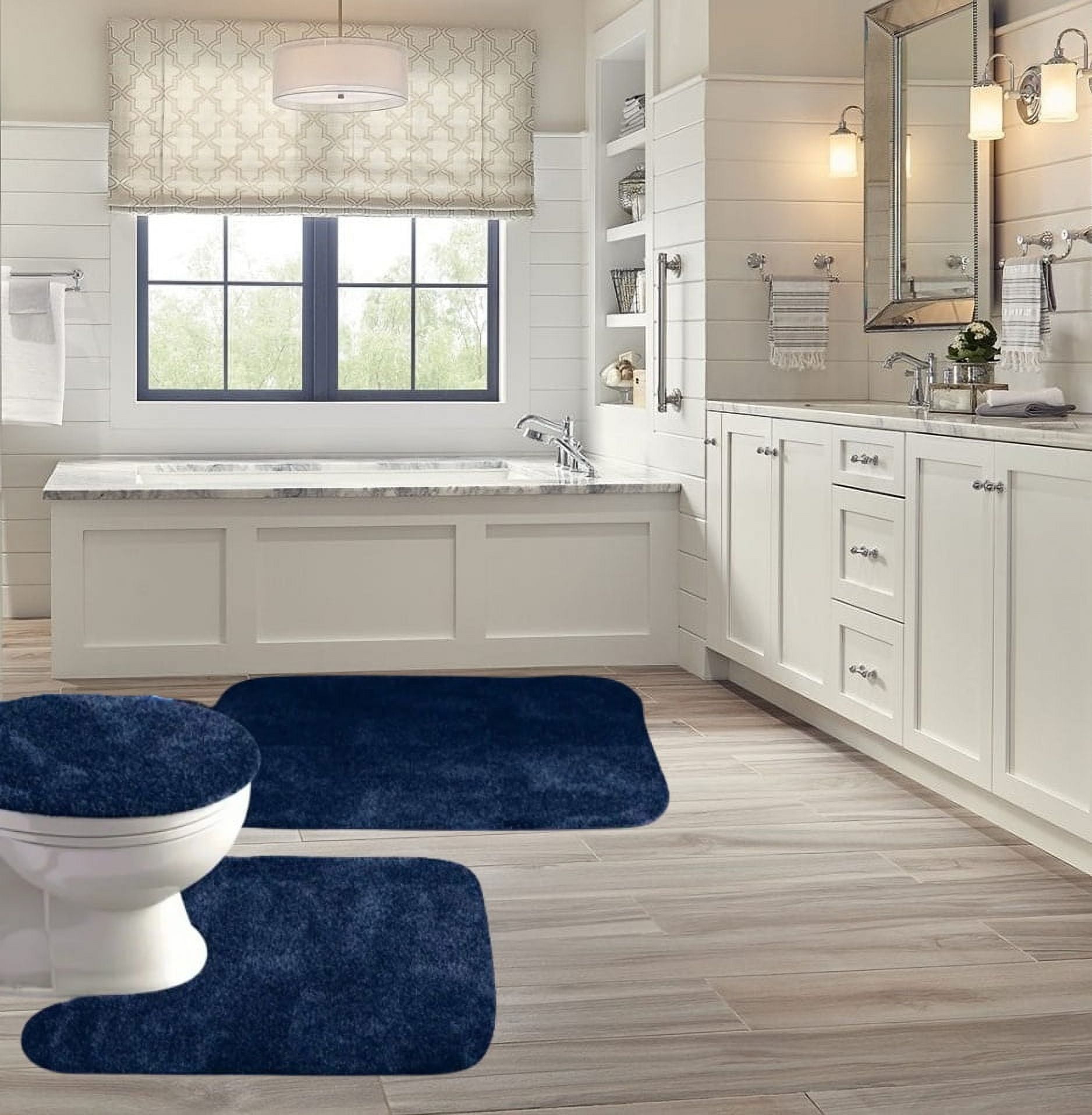 3-Piece Navy Blue Chenille Bathroom Rug Set with Non-Slip Backing ...