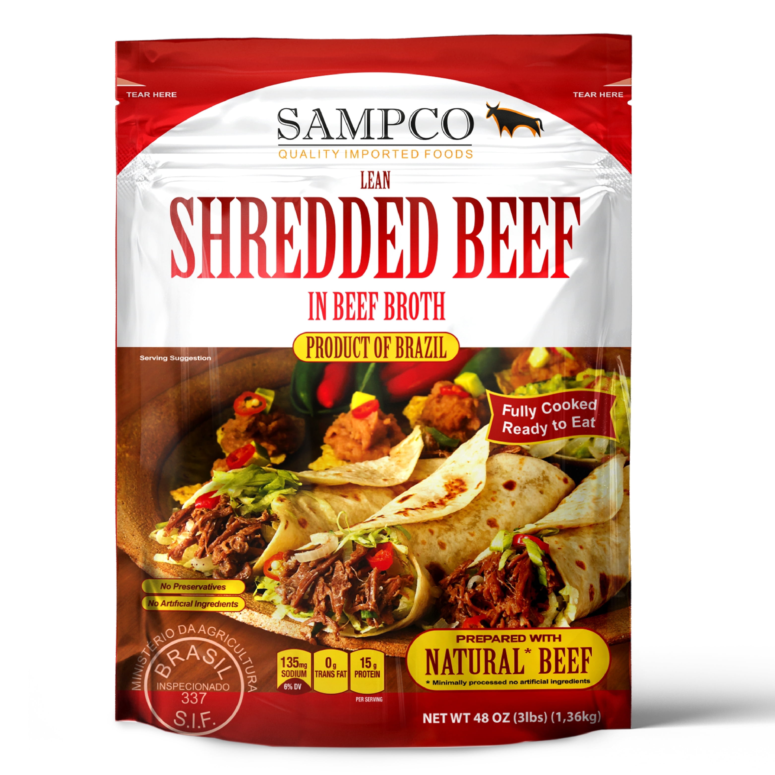 SAMPCO Shredded Beef in Broth, 3Lbs Shelf-Stable Meat Pouch (Case of 8 ...