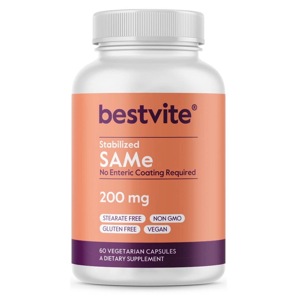 SAMe 200mg Stabilized, 60 Vegetarian Capsules - Easy to Swallow, No Enteric Coat Needed, Vegan ...