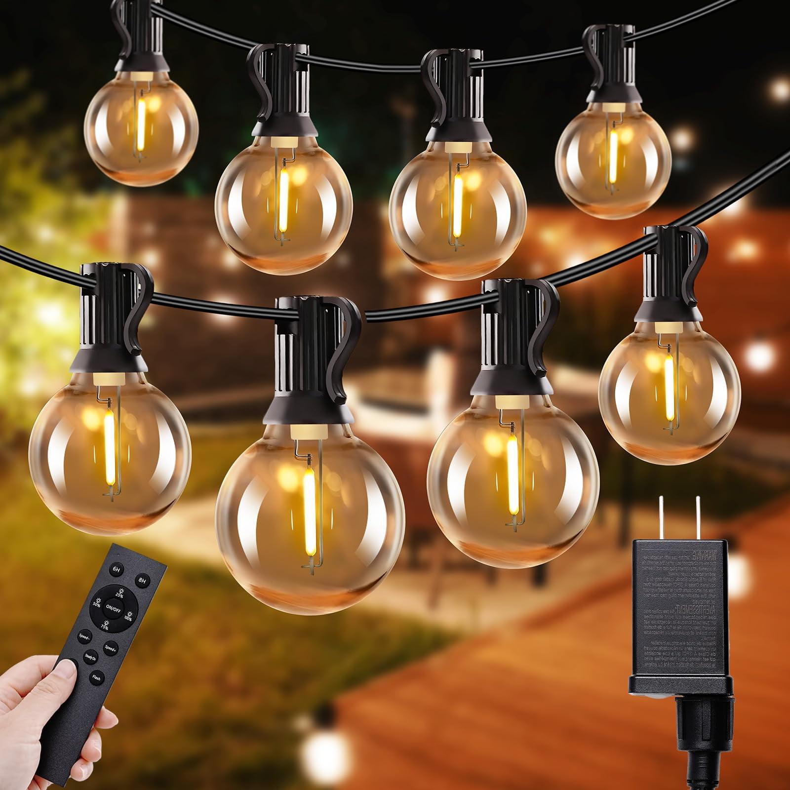SANBEN 100ft String Lights with Remote, 50+2 LED Bulbs Dimmable Patio ...