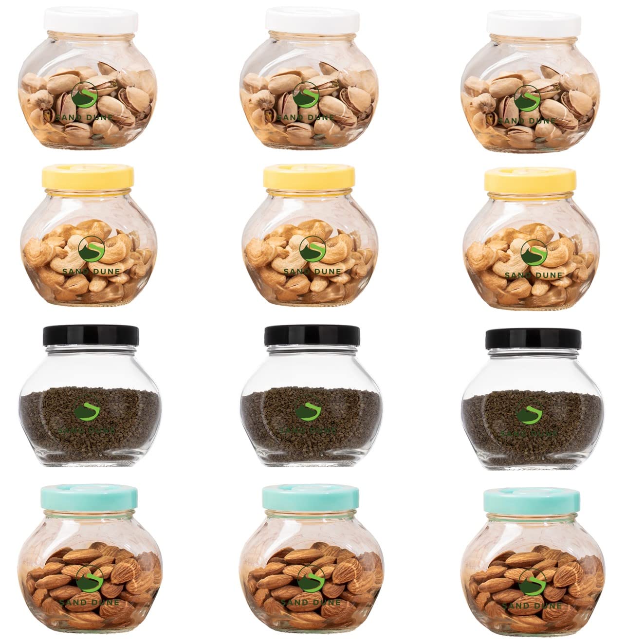 SAND DUNE Set of 12 200 ml Each Storage Glass Jar Assorted Plastic Cap ...