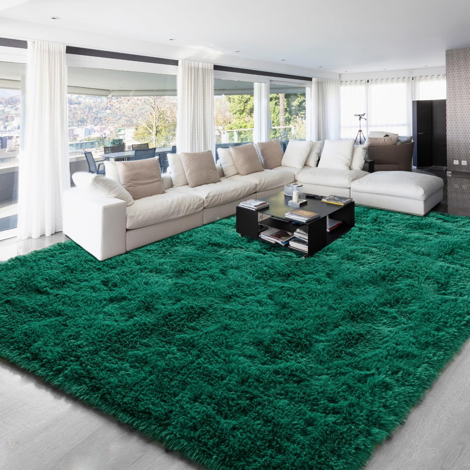 Socofuz 8x10ft Fluffy Dark Green Living Room Area Rug Super Soft Plush ...