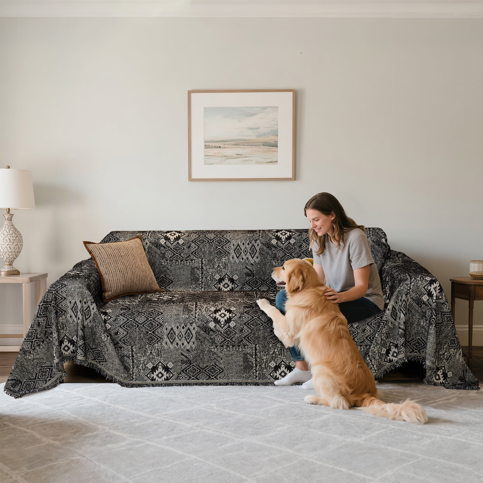 Sanmadrola Reversible Sofa Covers for 3 Cushion Couch, Geometric ...