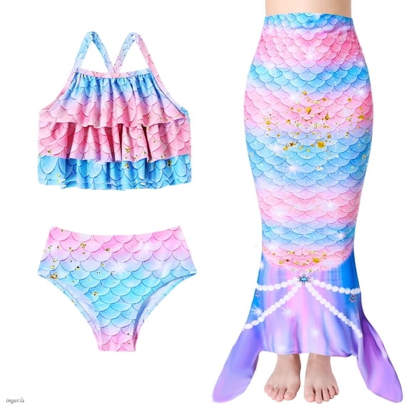 SANMIO Girls Mermaid Bathing Suit Mermaid Tail Swimsuit For Kids 3Pcs ...