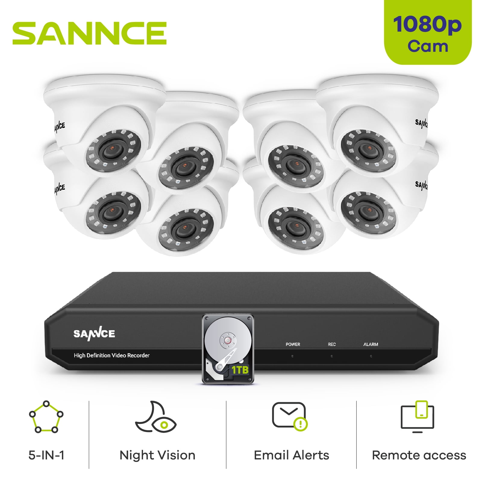 SANNCE 1080P 8CH Security Camera System, 5MP-Lite HD-TVI DVR 8Pcs ...