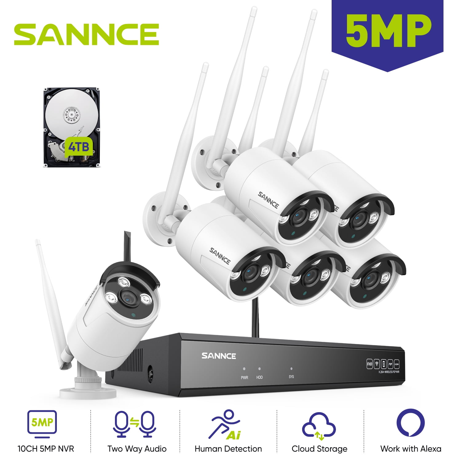 SANNCE 10CH 5MP Security Camera System, 6Pcs WiFi IP Cameras With 4TB ...