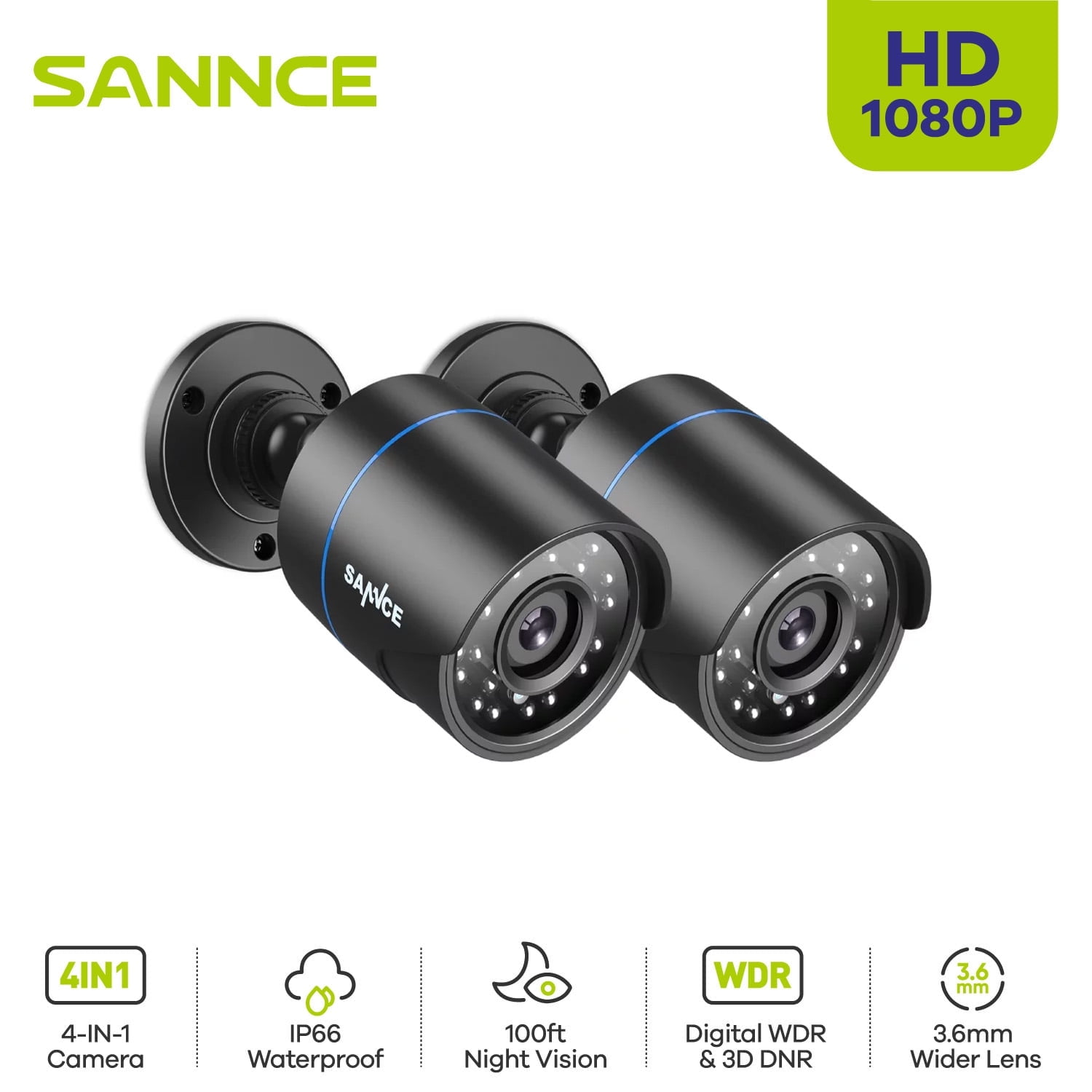 SANNCE 2pcs AHD/TVI/CVI/CVBS 4-in-1 1080p Security Camera IP66 ...