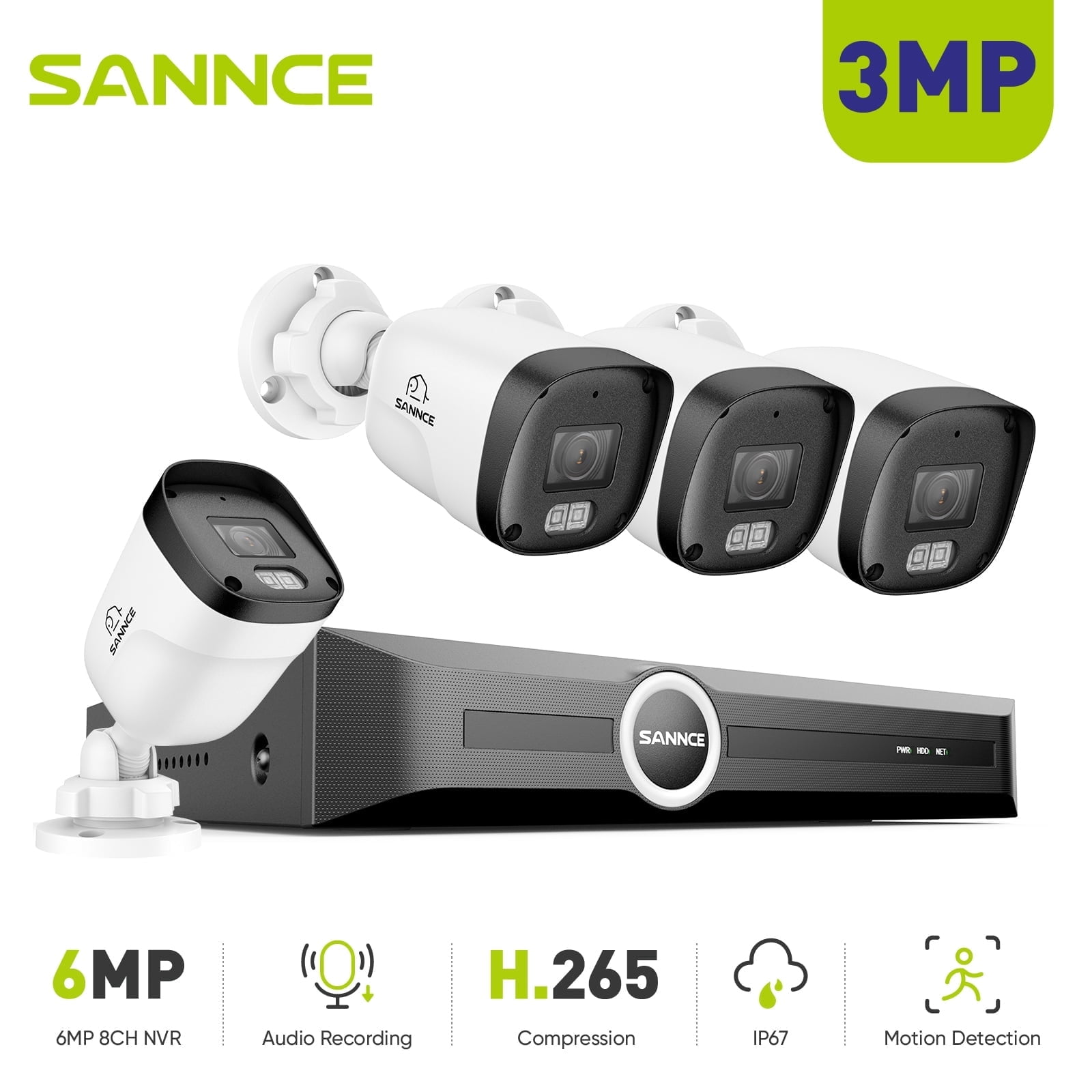 SANNCE 3MP 8CH PoE Security Camera System, H.265+ 6MP NVR, 4X 3MP Wired ...