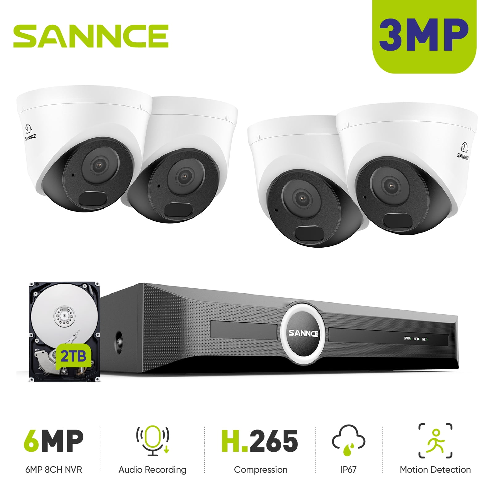SANNCE 3MP 8CH PoE Security Camera System, H.265+ 6MP NVR, 4X 3MP Wired Conch Security IP Cams ...