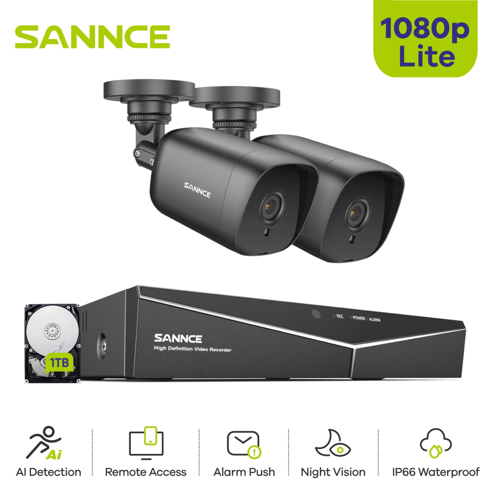 SANNCE 4CH 1080P 5in1 DVR Home Security Camera System, 2Pcs 2.0MP ...