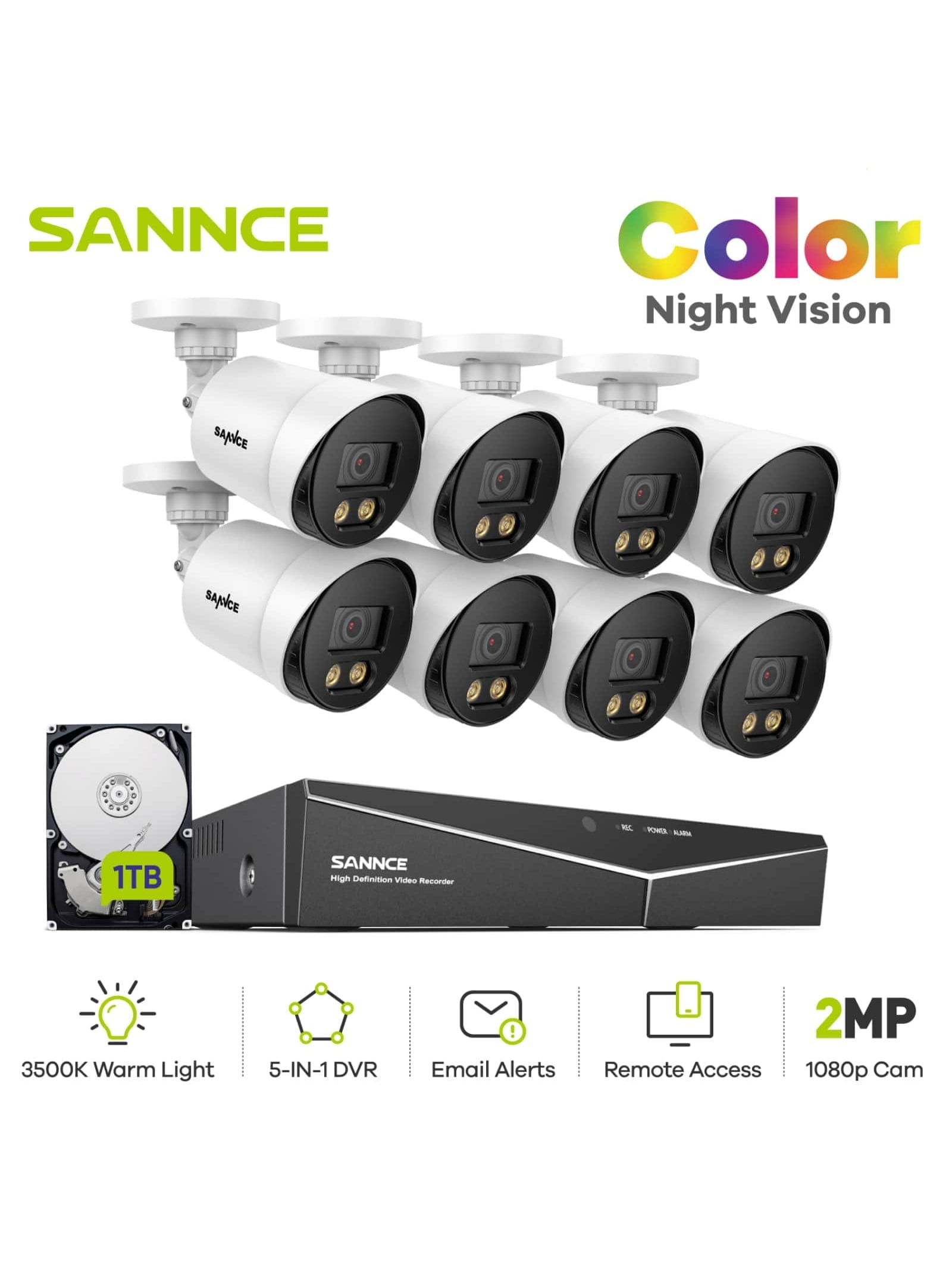 SANNCE 5MP-N 8CH HD DVR Home Security Camera System 8Pcs 2MP Warm Light ...
