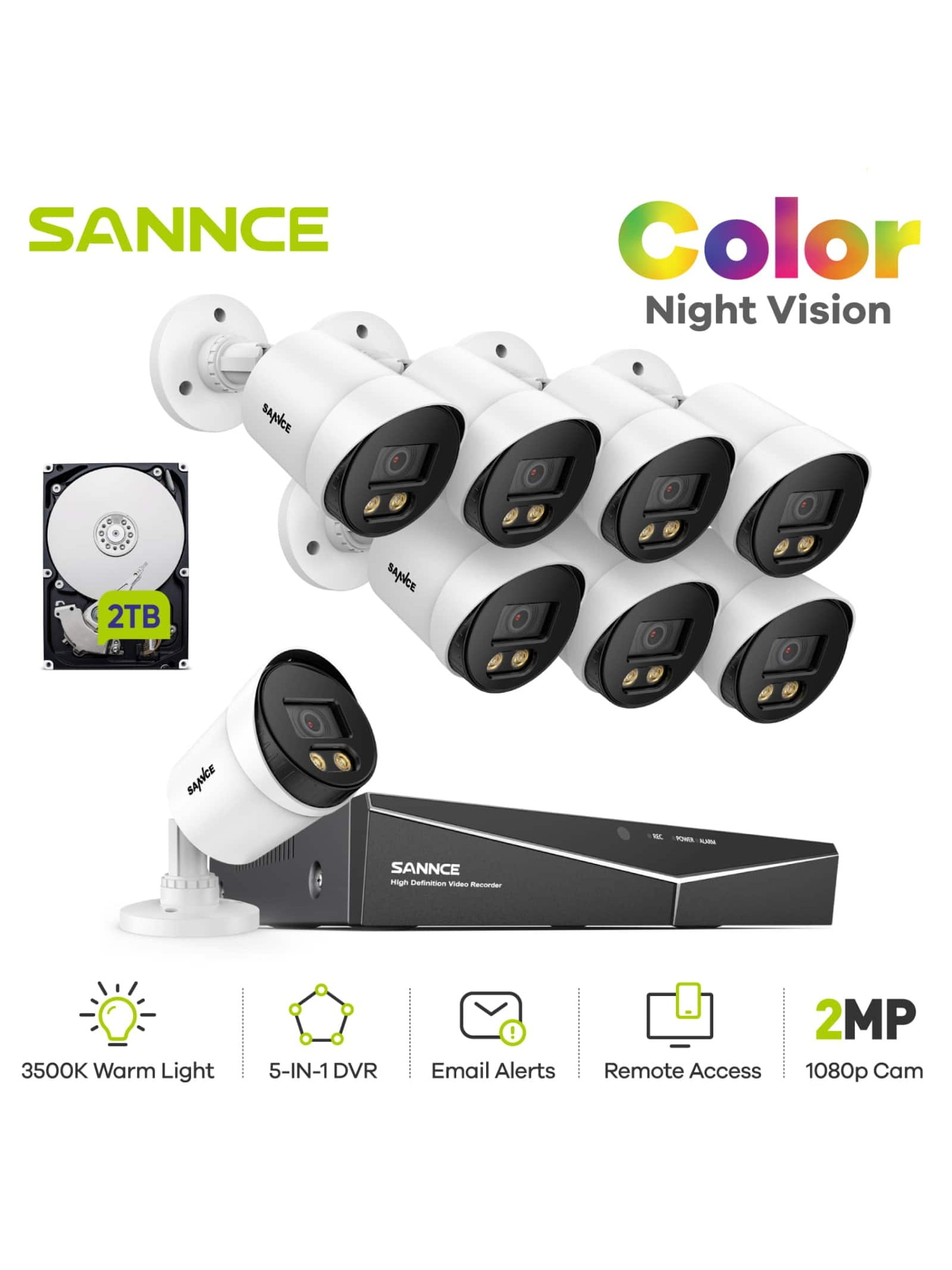 SANNCE 5MP-N 8CH HD DVR Home Security Camera System 8Pcs 2MP Warm Light ...