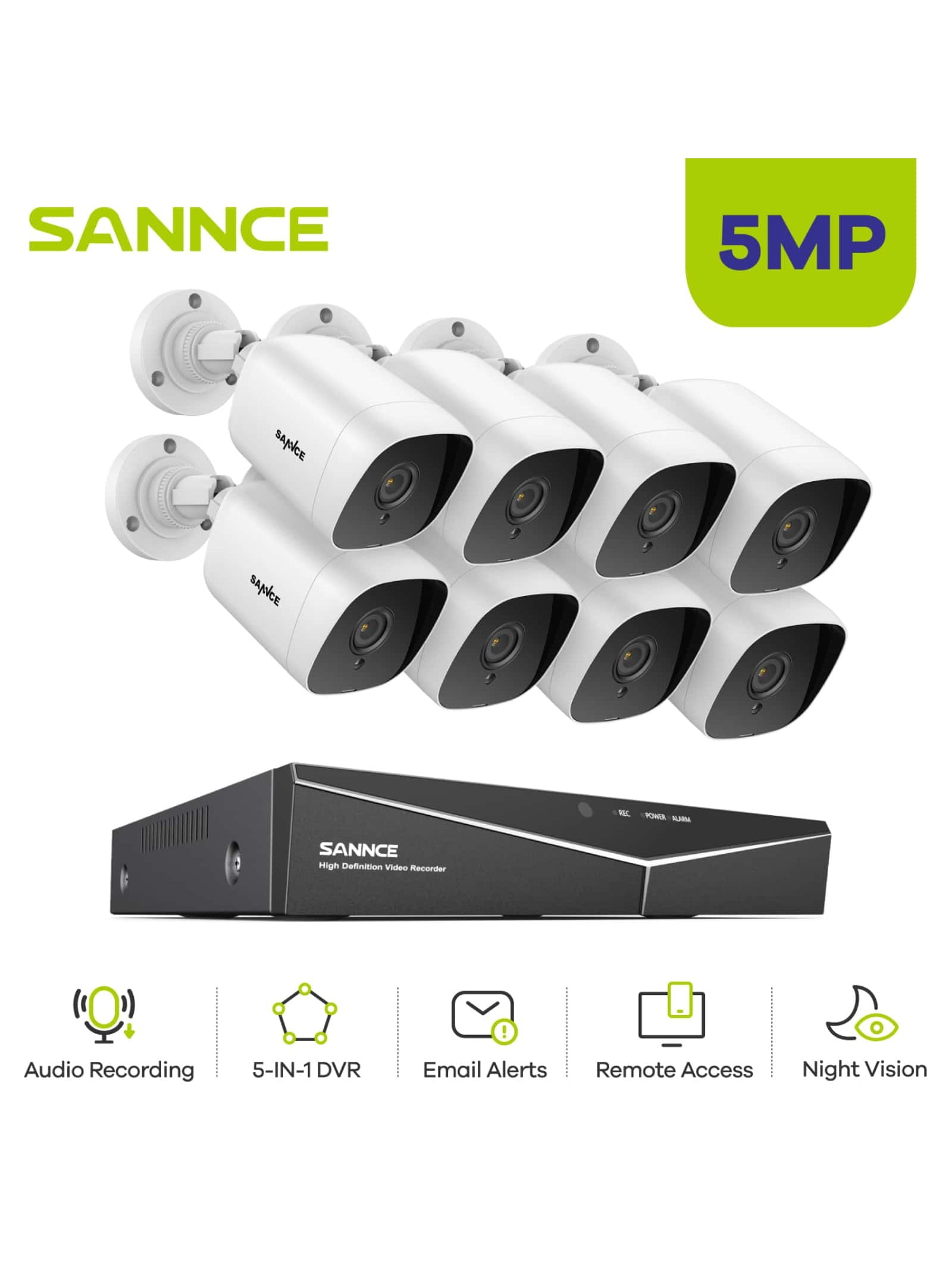 SANNCE 5MP-N 8CH HD DVR Home Security Camera System 8Pcs 5MP IP66 ...