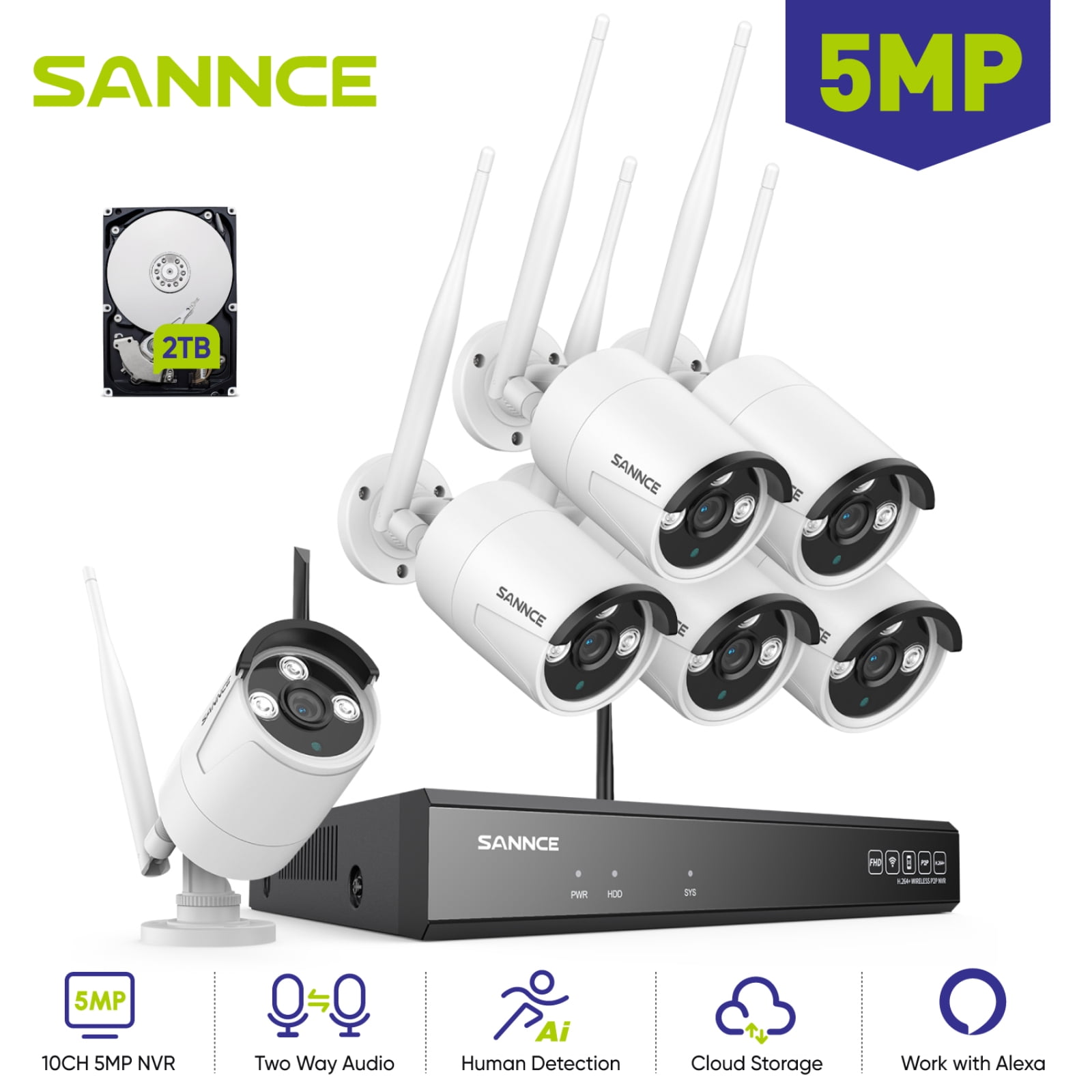 SANNCE 5MP Security System, 10CH NVR, 6Pcs WiFi IP Cameras, Night ...