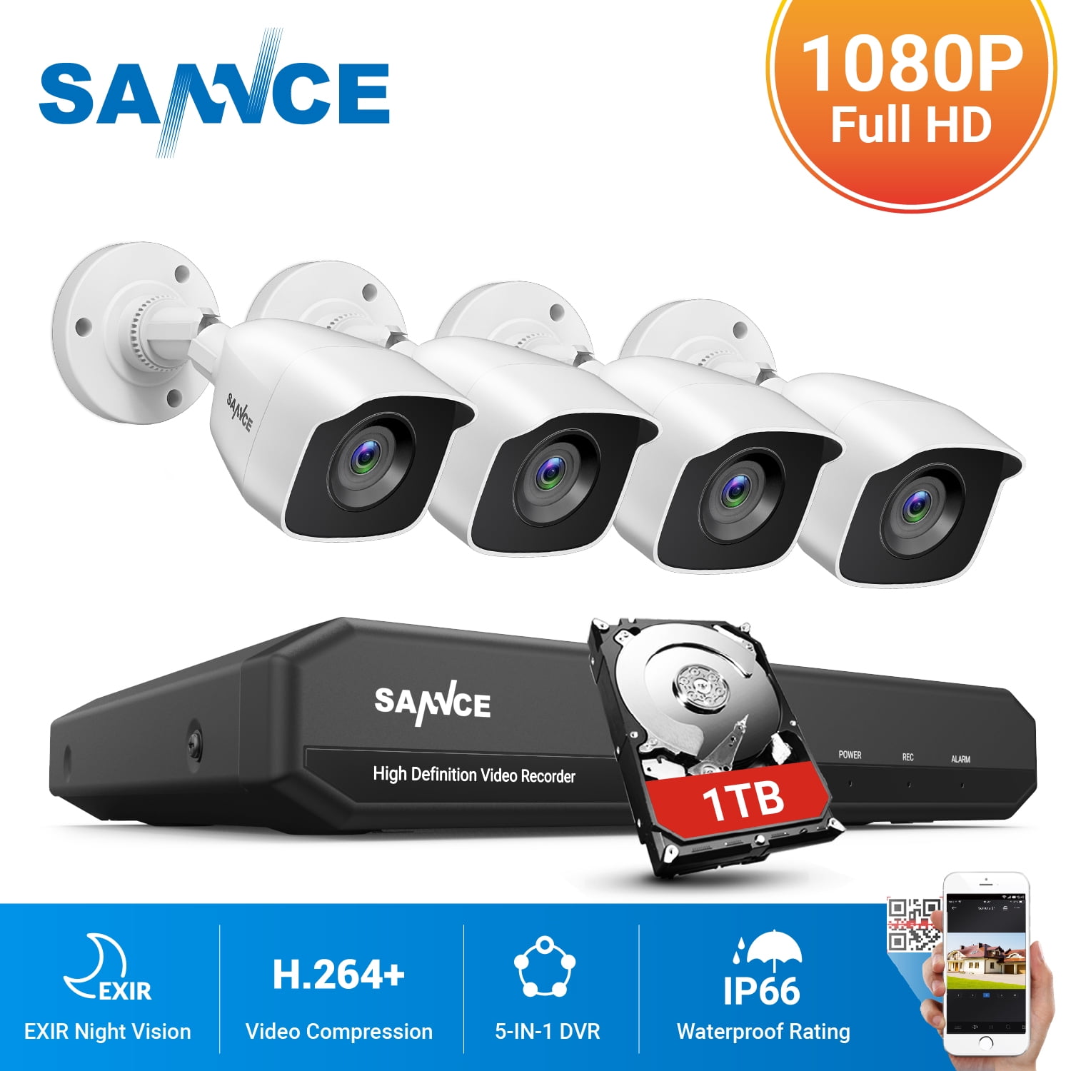 SANNCE 8 Channel 1080p 5-in-1 Security Camera System with 4pcs Wired ...