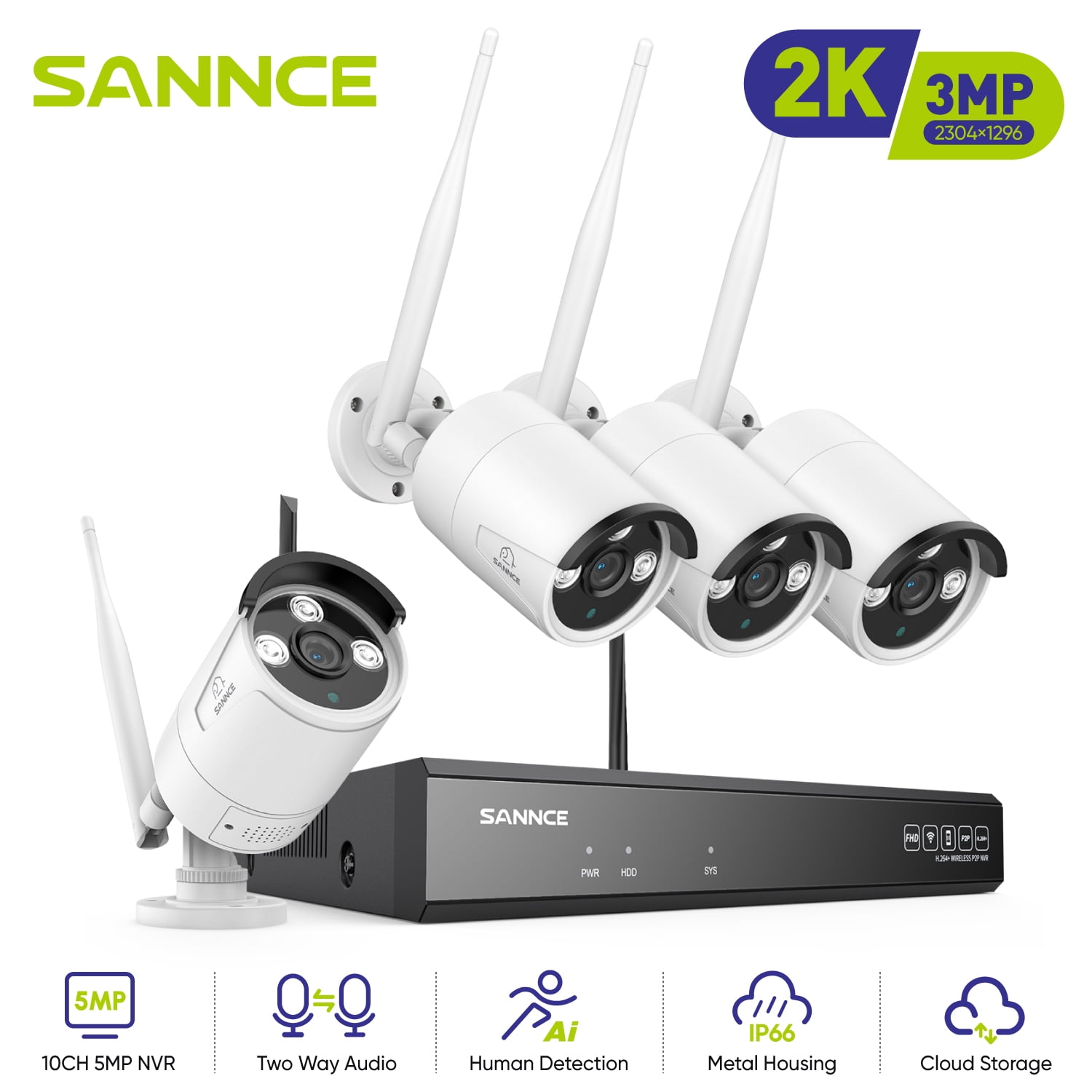 SANNCE H.265+ 8CH 3MP Wireless NVR, 5MP Recorder, 4PCS IP Cameras ...