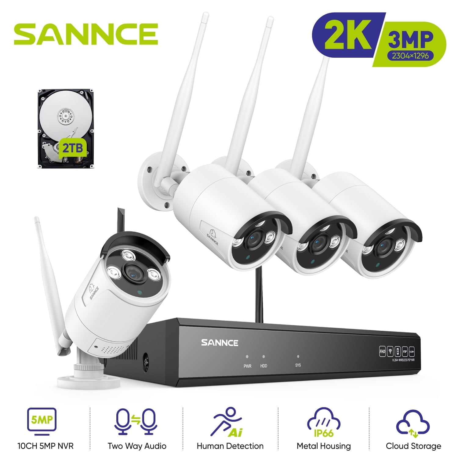 SANNCE 8CH Wireless NVR CCTV, 3MP IP Camera, Audio, Night Vision, 2T ...