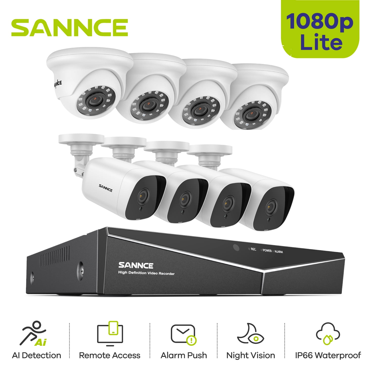 SANNCE Security Camera System CCTV, 8 Channel 5-in-1 DVR with 8 Wired ...