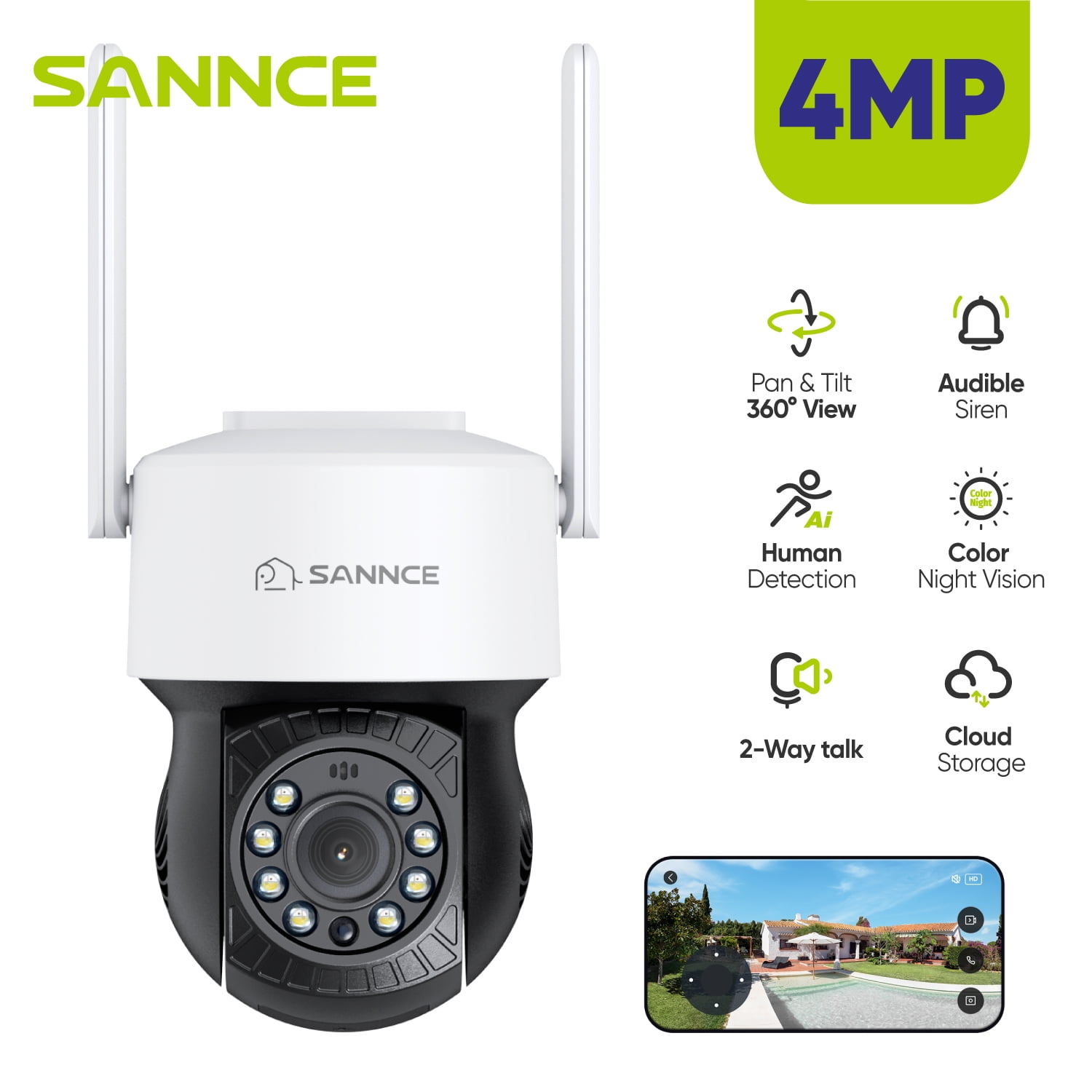 SANNCE Security Camera Wireless 4MP, 350° Pan 90° Tilt 16x Digital Zoom ...