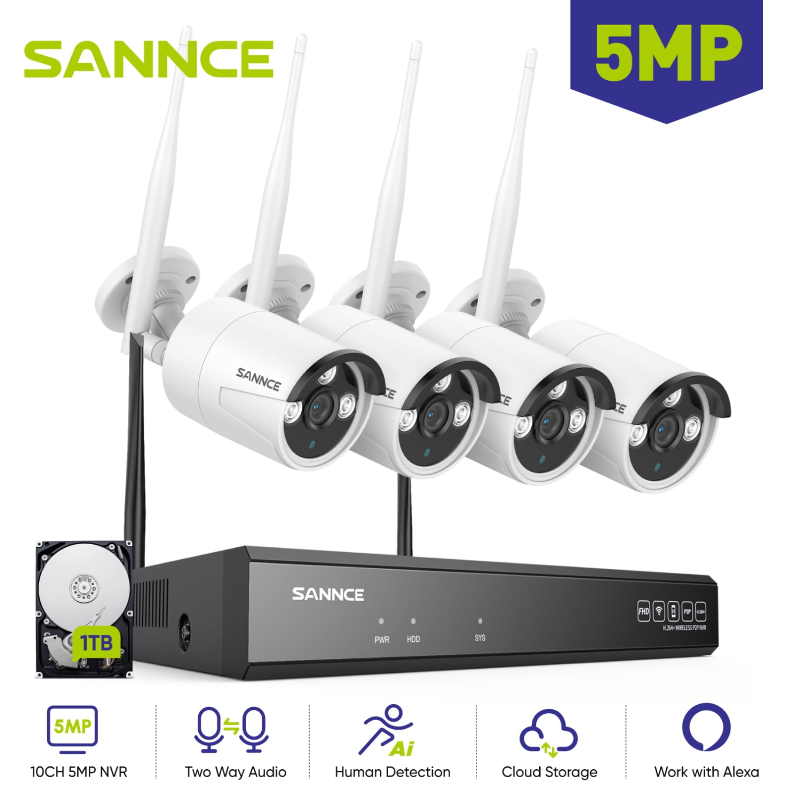 SANNCE Wireless Security Camera System, 10CH 5MP NVR with 4Pcs 5MP ...