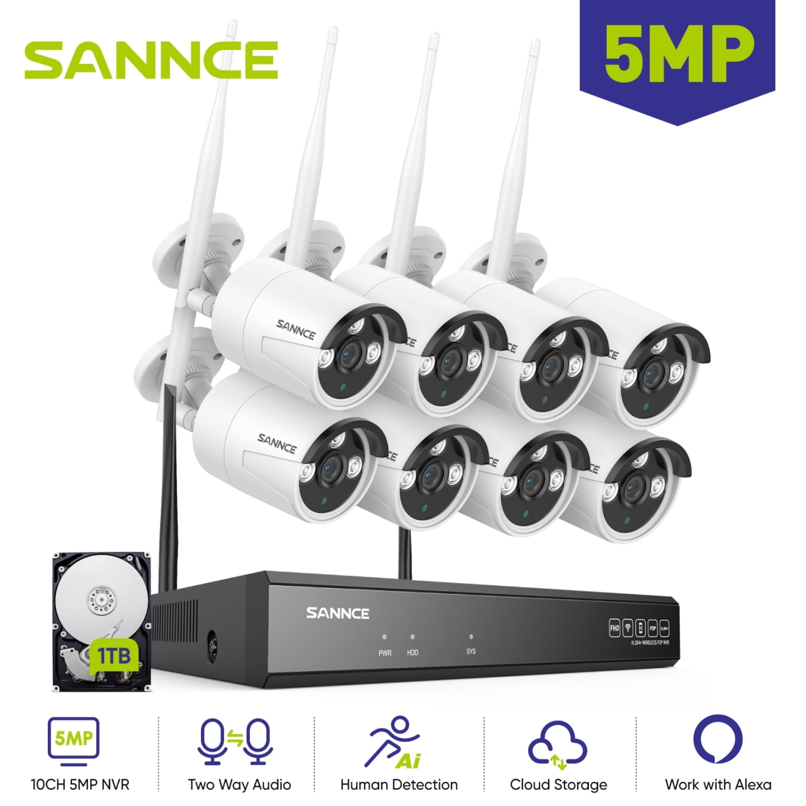 SANNCE Wireless Security Camera System, 10CH 5MP NVR with 8Pcs 5MP ...