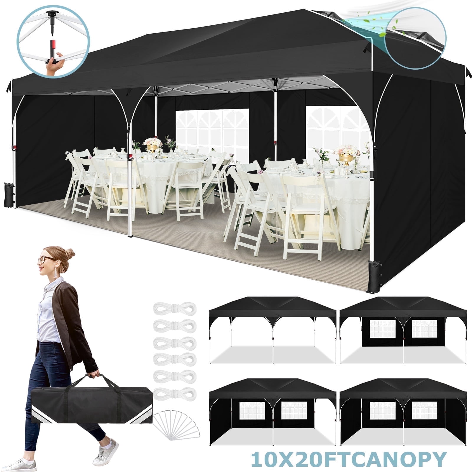 COBIZI 10'x20' Ez Pop Up Canopy Tent with Sidewalls&Carry Bag Party ...