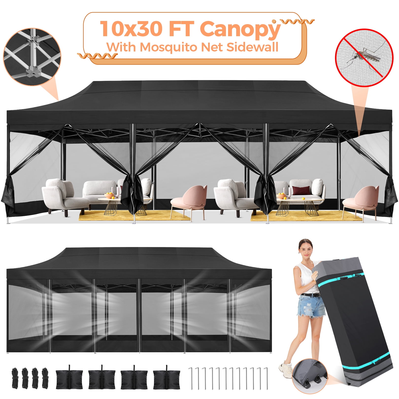SANOPY 10x30 FT Pop Up Canopy with Removable 8 Piece Mesh Sidewalls ...