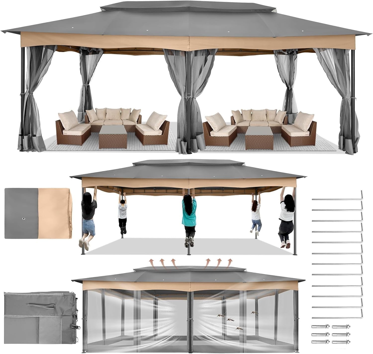 SANOPY 12'x20' Metal Patio Gazebo for Backyard with Mesh Privacy ...