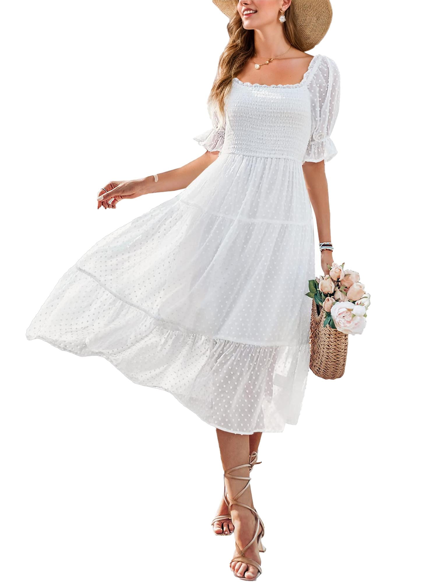 SANOPY Women's Summer Sweet Midi Dress Square Neck Puff Sleeve Boho ...