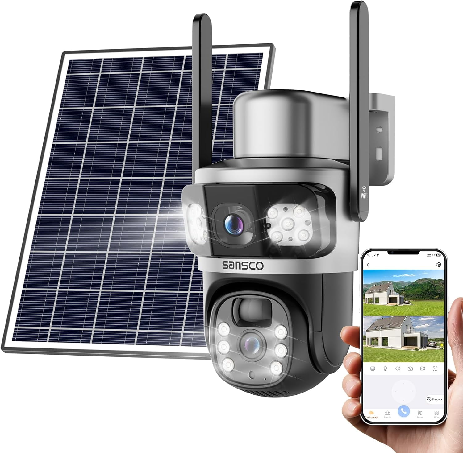 SANSCO 4K Solar Security Cameras Wireless Outdoor, 8MP Dual Lens 2.4GHz ...