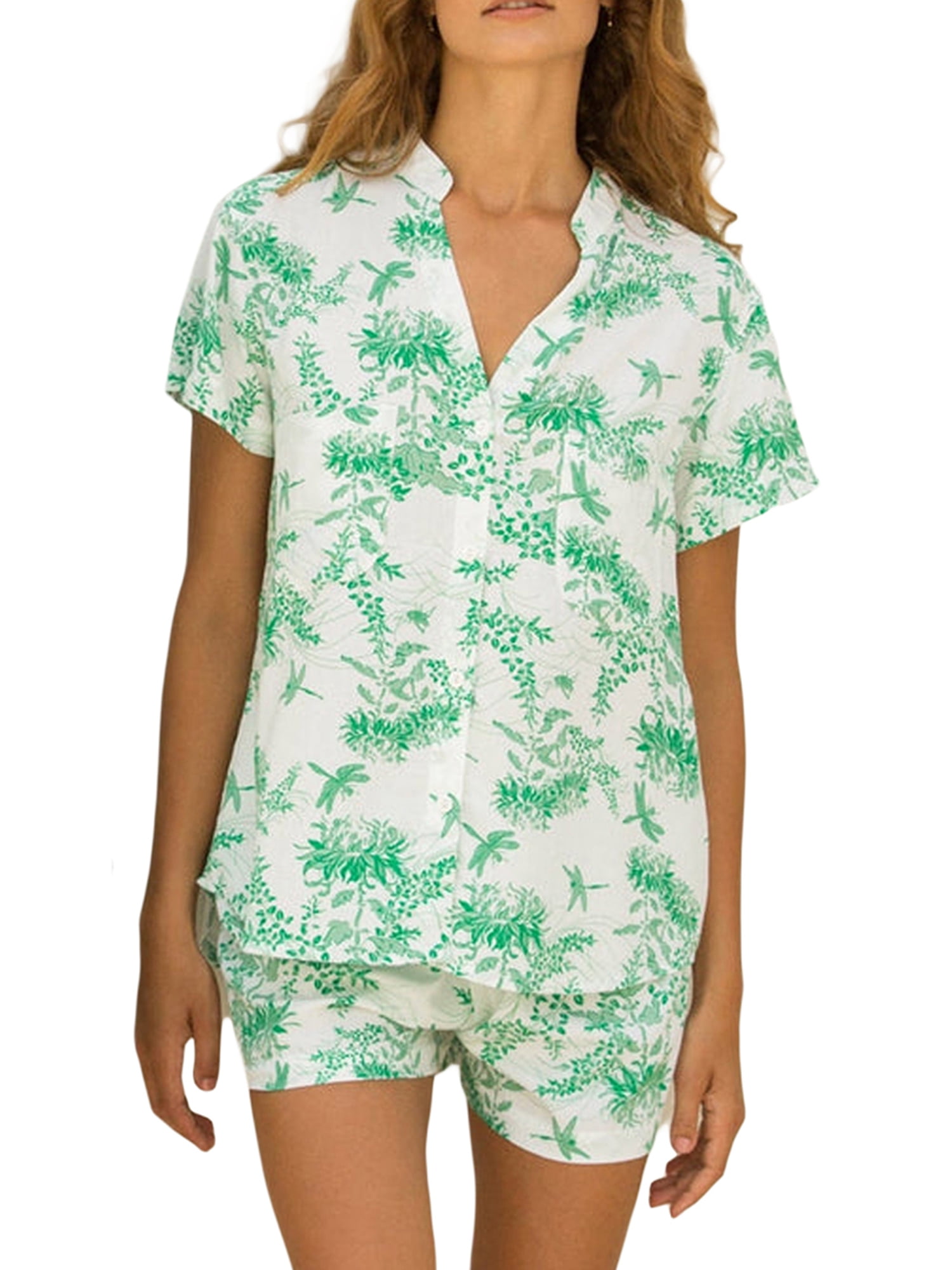 SANSIWU Women Pajama Set Flower/Leaves Print Short Sleeve Button Shirt ...