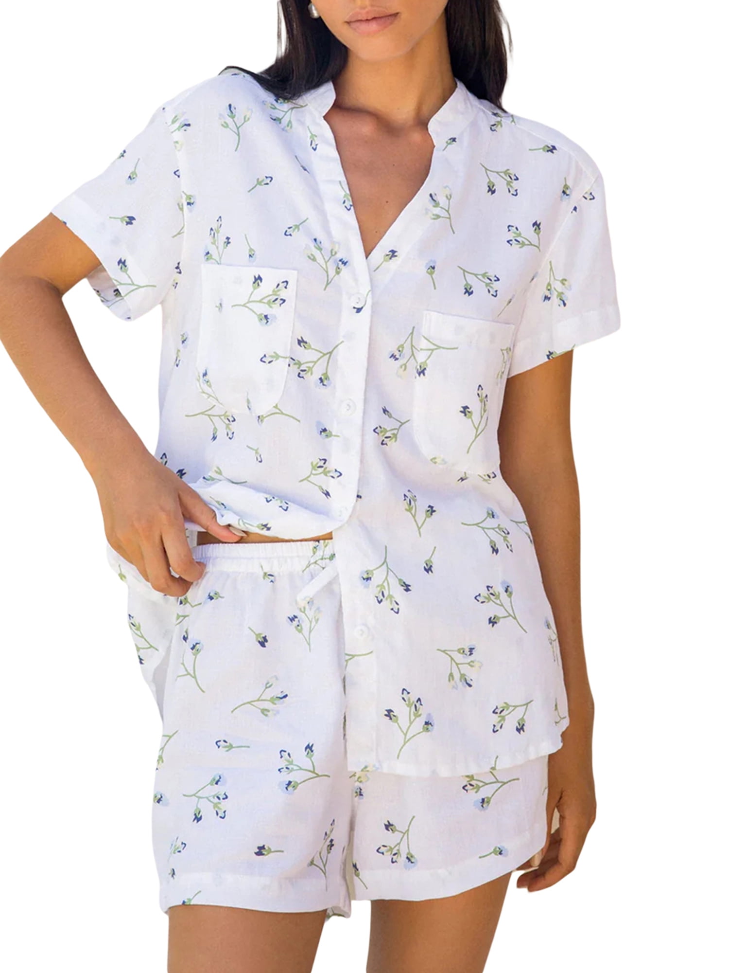 SANSIWU Women Pajama Set Flower/Leaves Print Short Sleeve Button Shirt ...