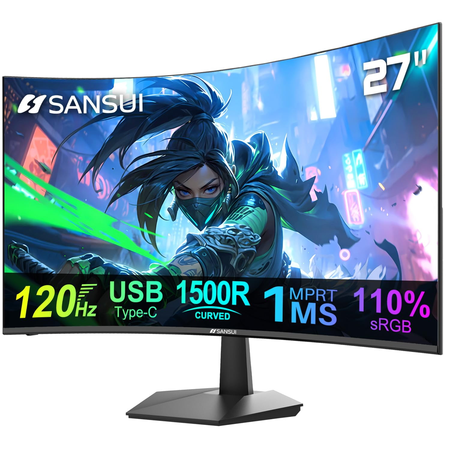 SANSUI Curved Monitor 27 inch 120Hz USB Type-C Computer Monitor with ...