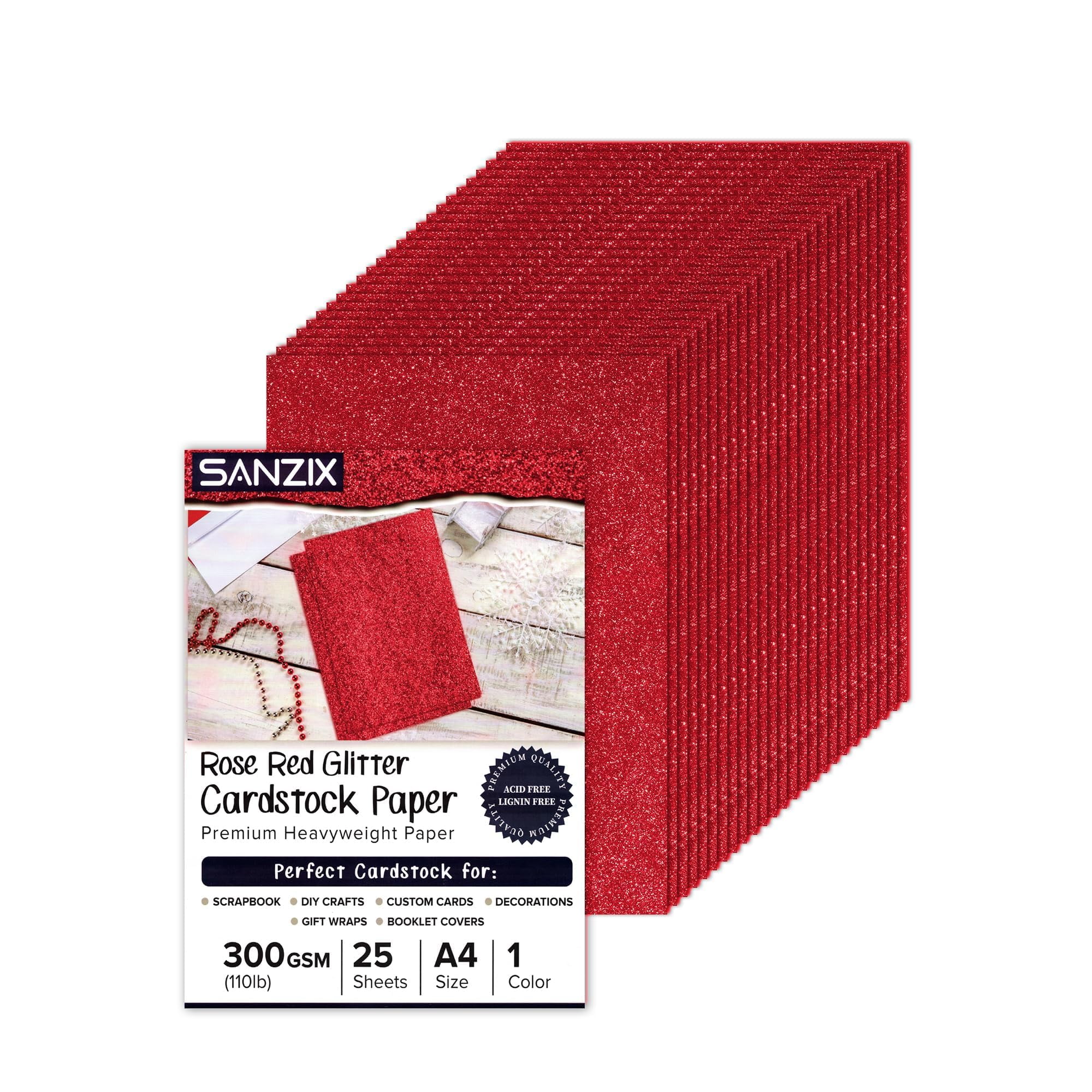 SANZIX 25 Sheets Red AIF9 Glitter Cardstock Paper- 110lb 300 GSM, A4 ...