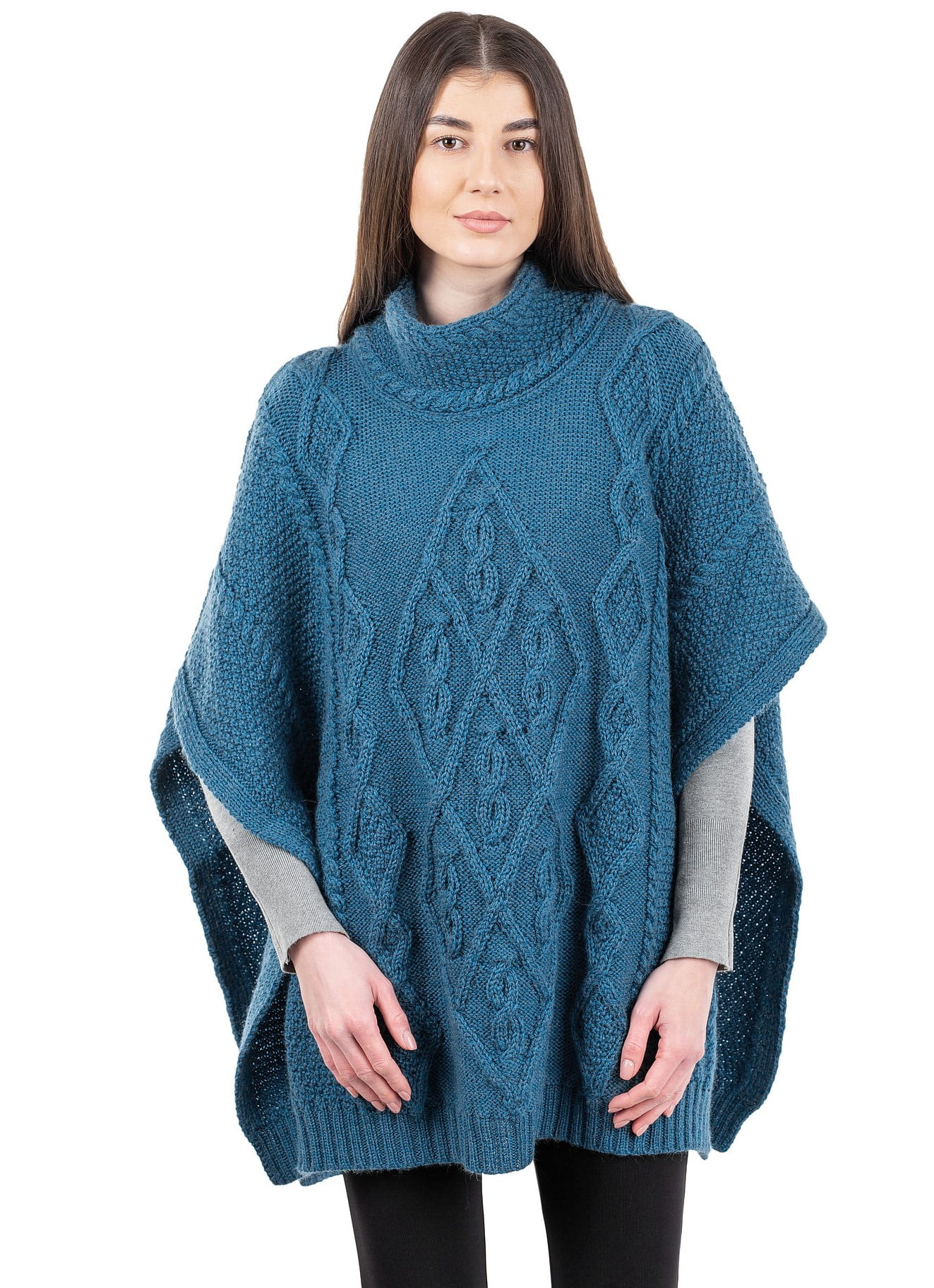 SAOL 100% Merino Wool Aran Cowl Neck Knitted Poncho Irish Cape from ...