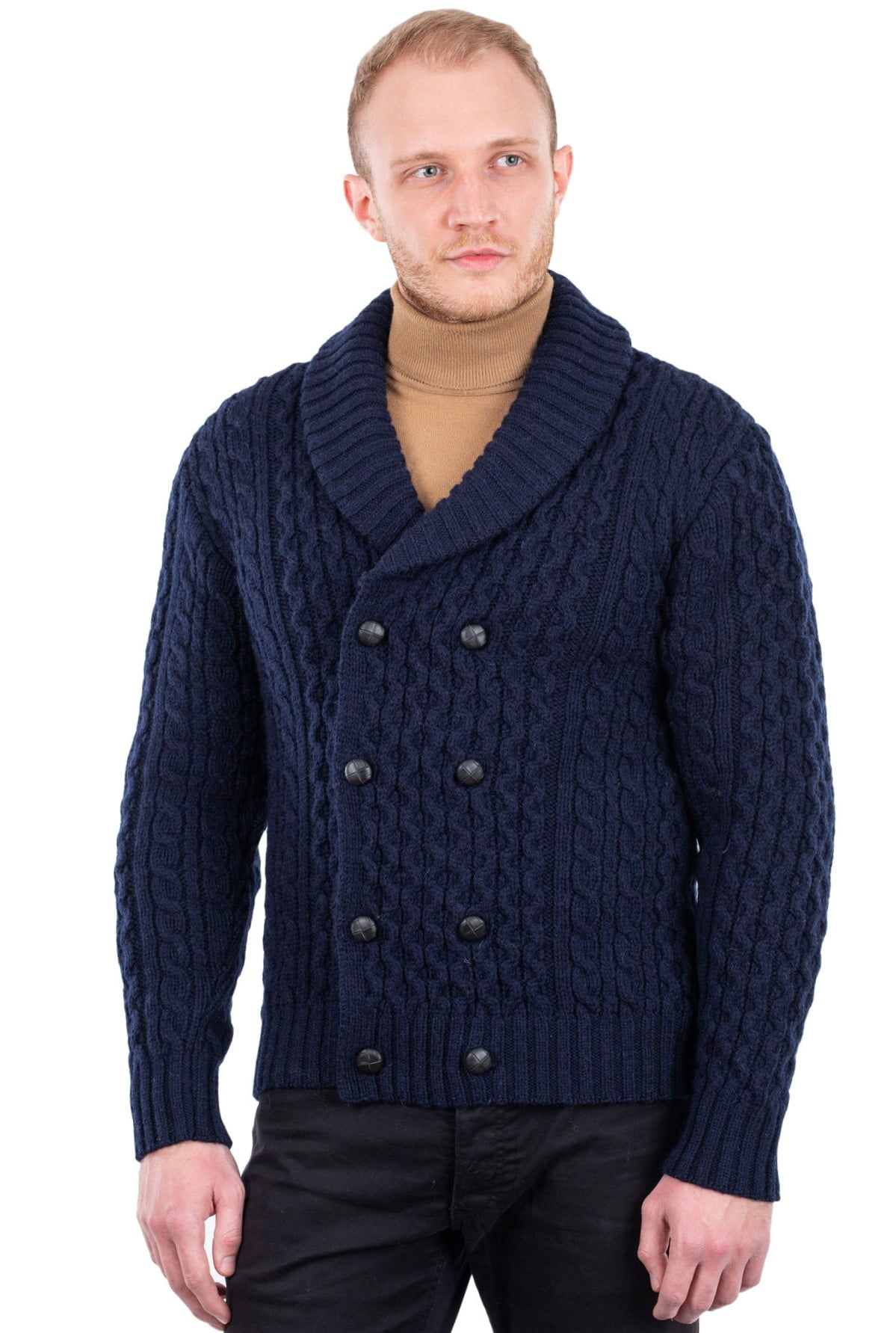 SAOL 100% Merino Wool Double Breasted Shawl Irish Cardigan Sweater Men ...