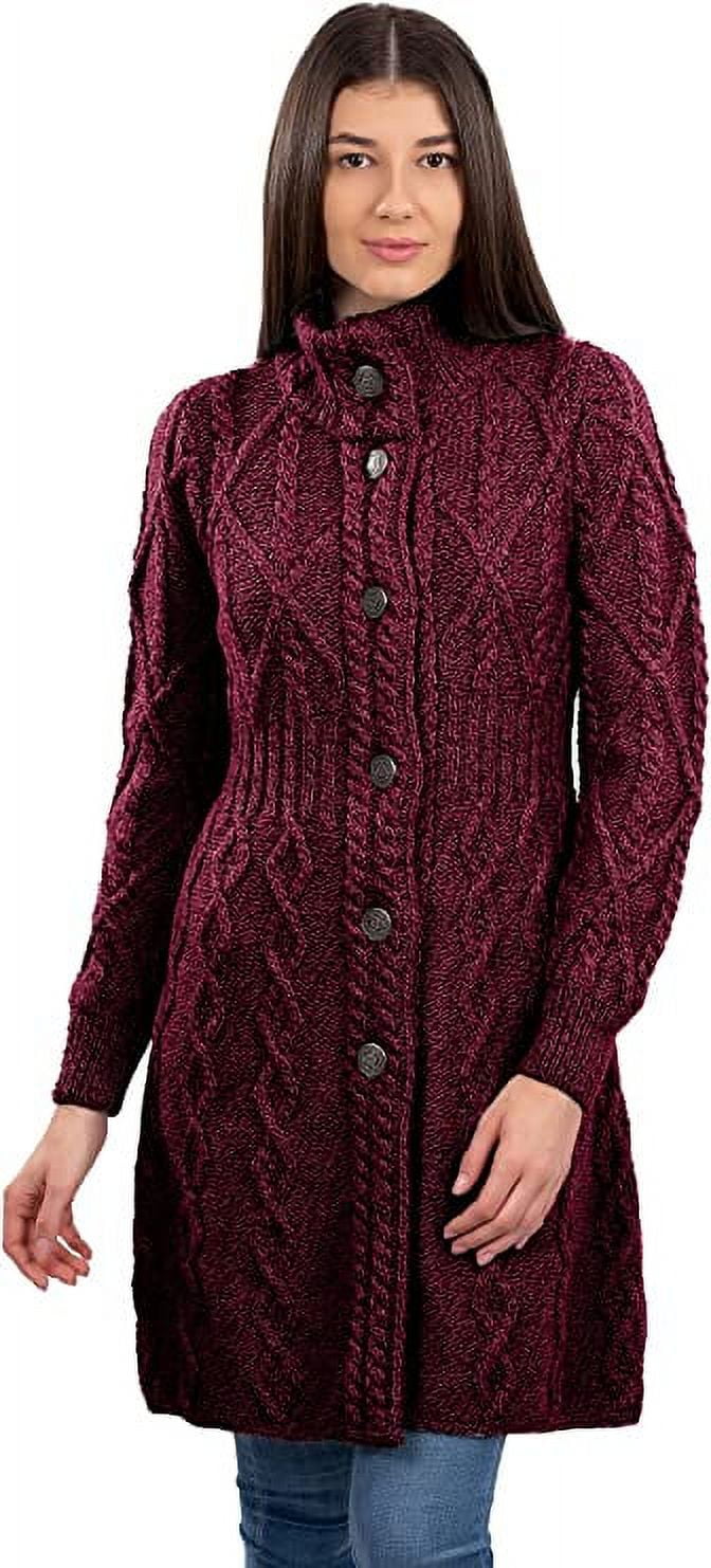 SAOL 100% Merino Wool Irish Cardigan Women's Aran Long Outdoor Cable ...