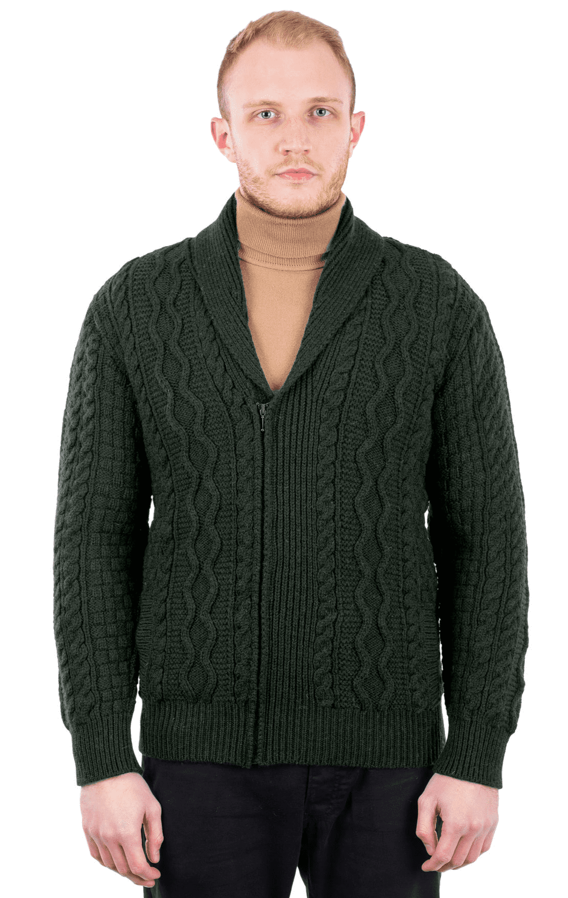 SAOL 100% Merino Wool Men's Zipper Cable Knit Cardigan Sweater Made in ...