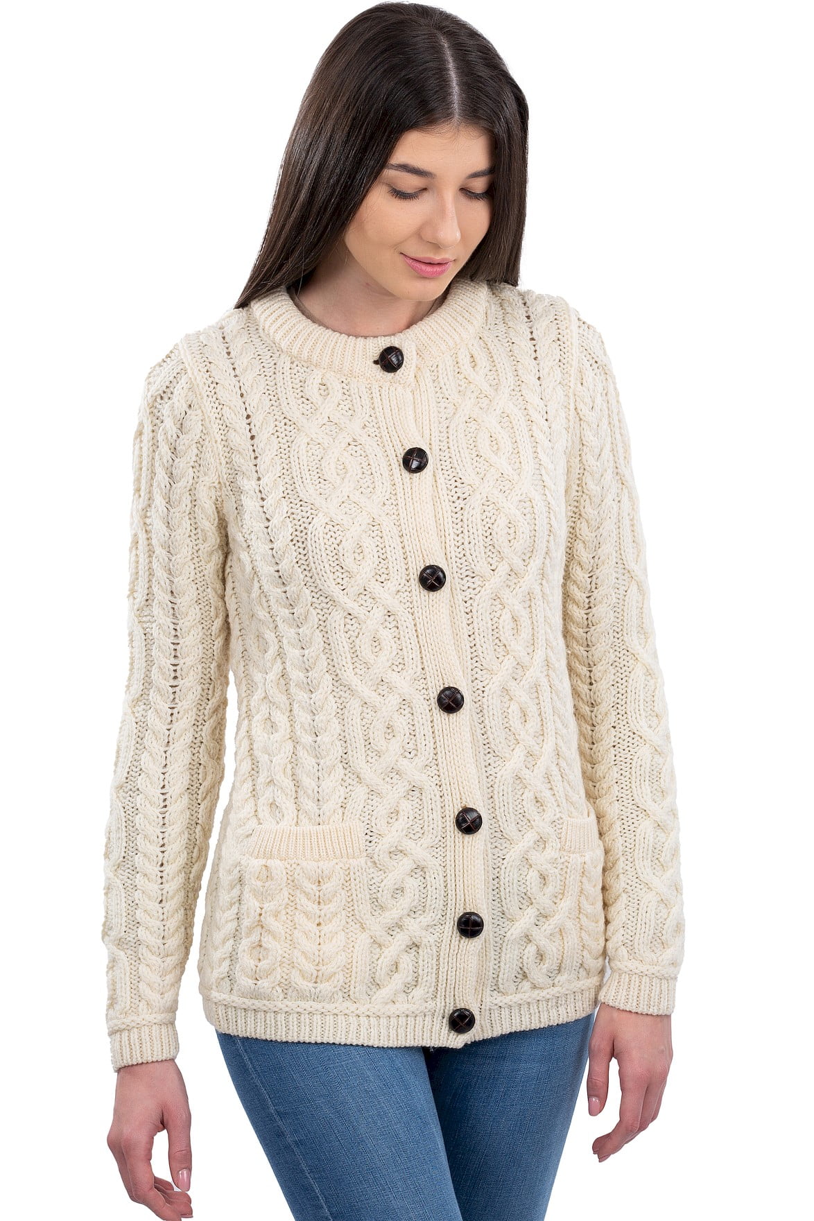 SAOL 100% Merino Wool Women's Aran Button Up Cable Knit Cardigan ...