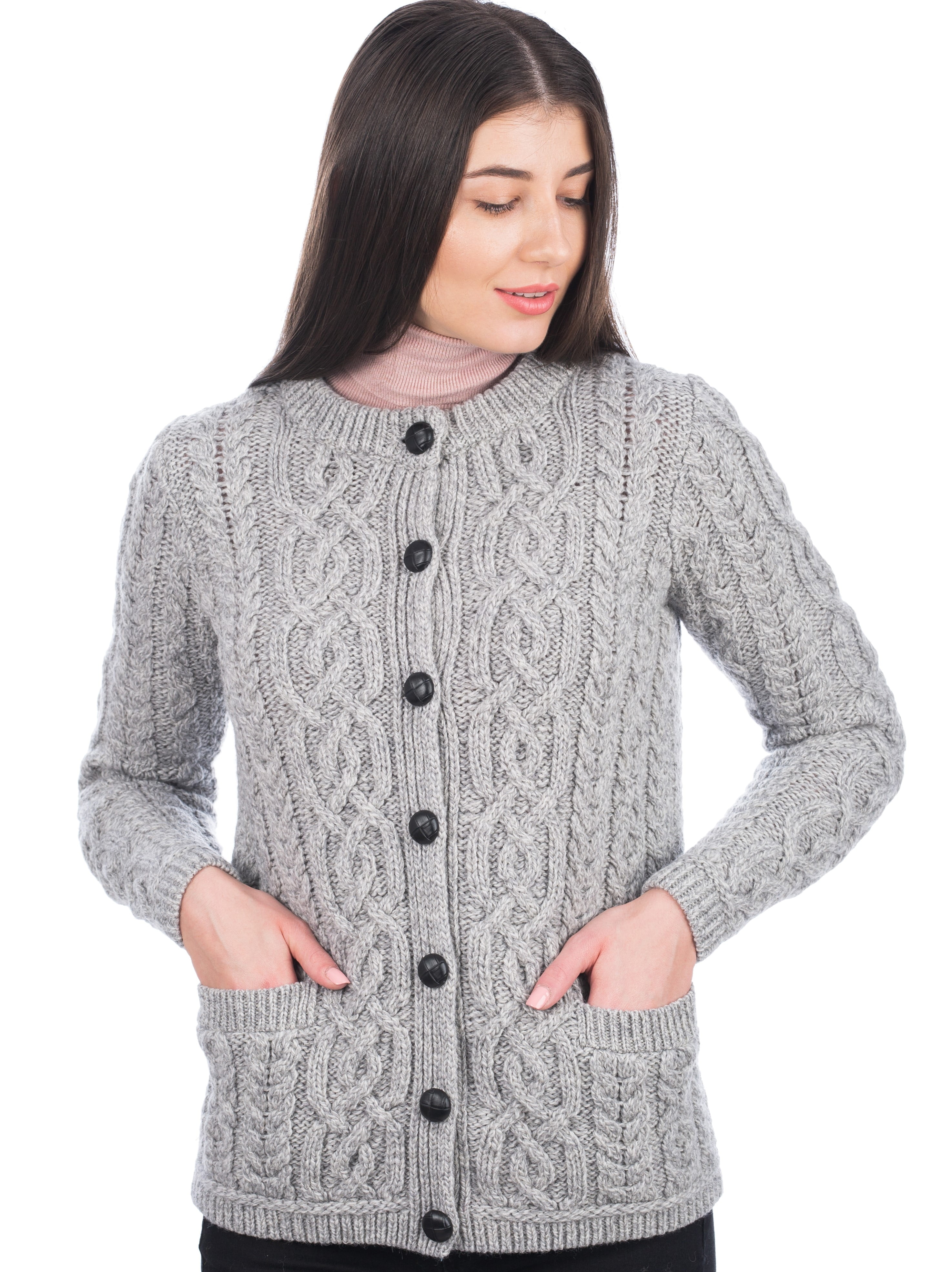 SAOL Merino Wool Women's Aran Button Cardigan Sweater, Cable Knit ...