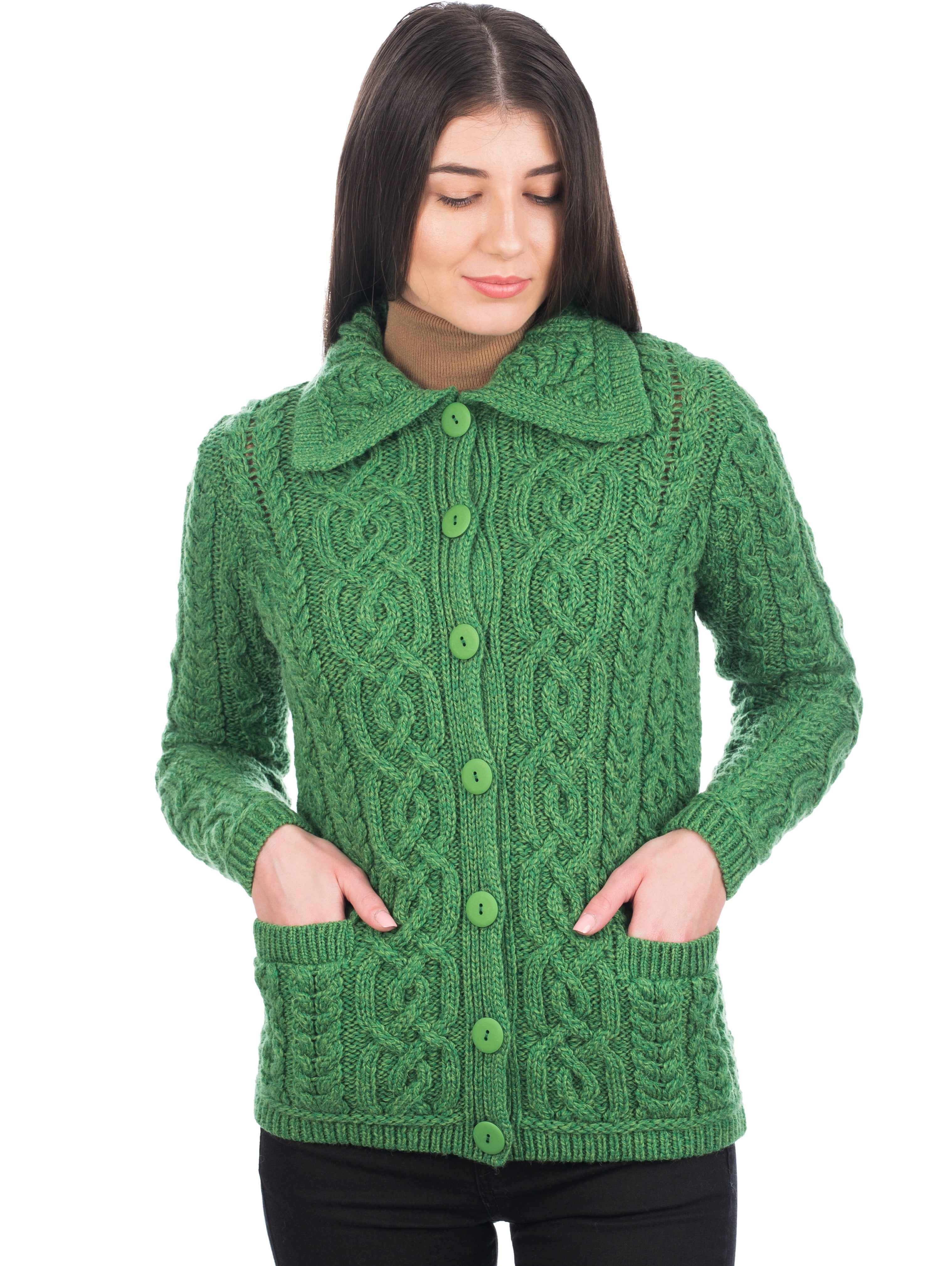 SAOL 100% Merino Wool Women's Aran Cable Knit Cardigan Sweater Button ...