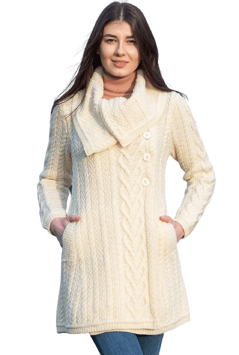 SAOL 100% Merino Wool Women's Aran Cable Knit Cardigan Sweater Irish ...
