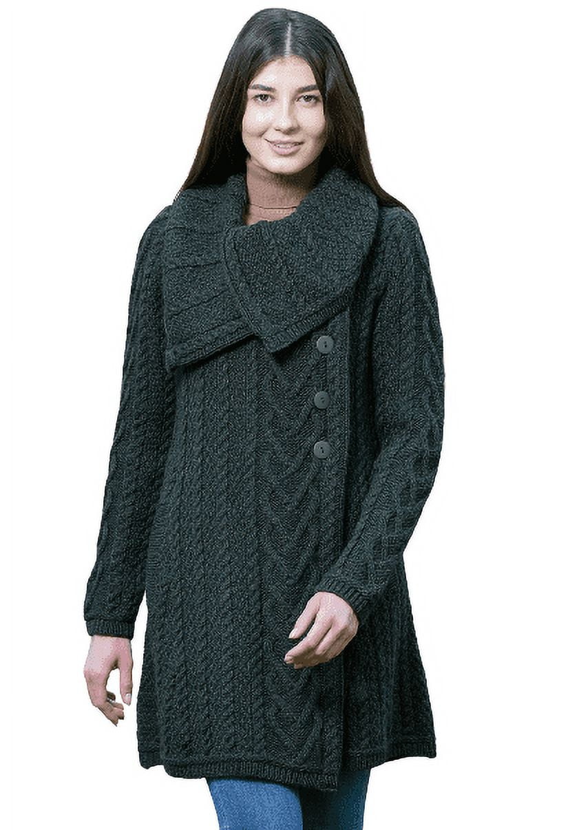 SAOL 100% Merino Wool Women's Aran Cable Knit Cardigan Sweater Irish ...