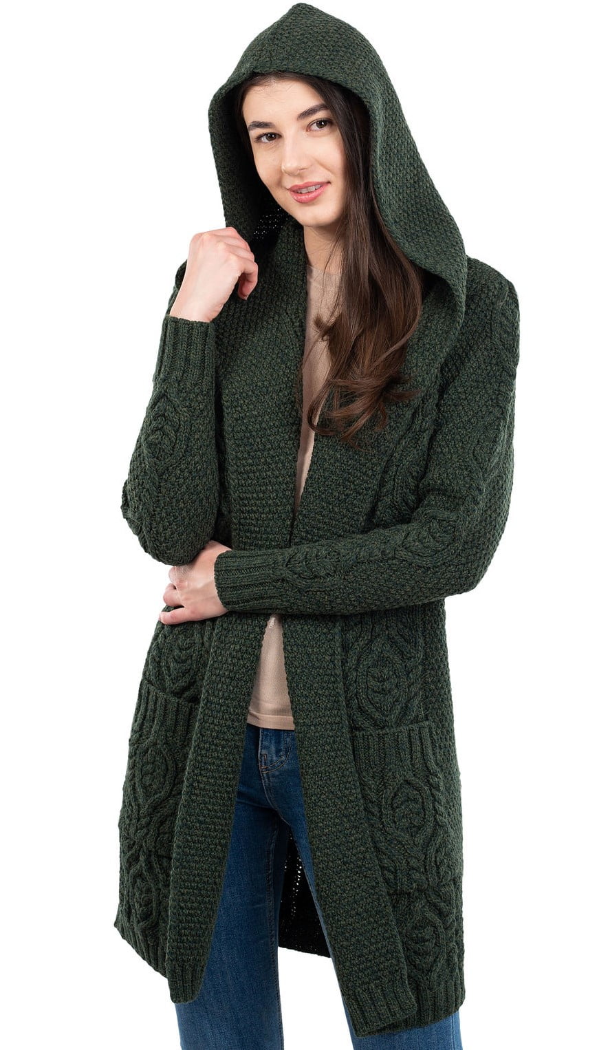 SAOL 100% Merino Wool Women's Aran Open Front Long Cardigan Sweater ...